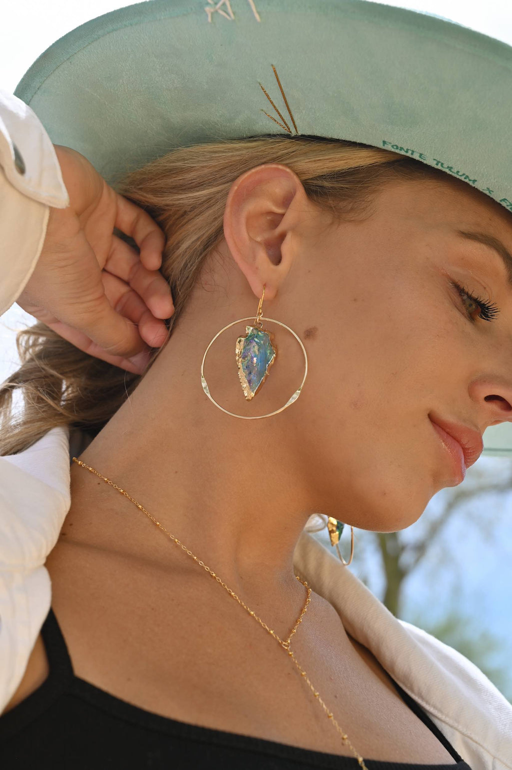 Expansion is My Mission Blue Aura Quartz Gold Hoops – Fierce Forward
